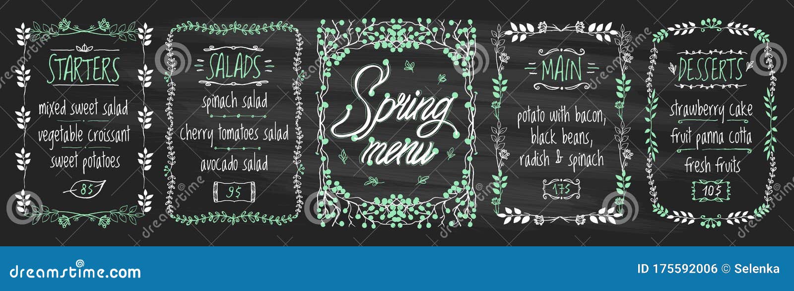 Chalk Spring Menu Set on a Blackboard - Starters, Salads, Main and ...