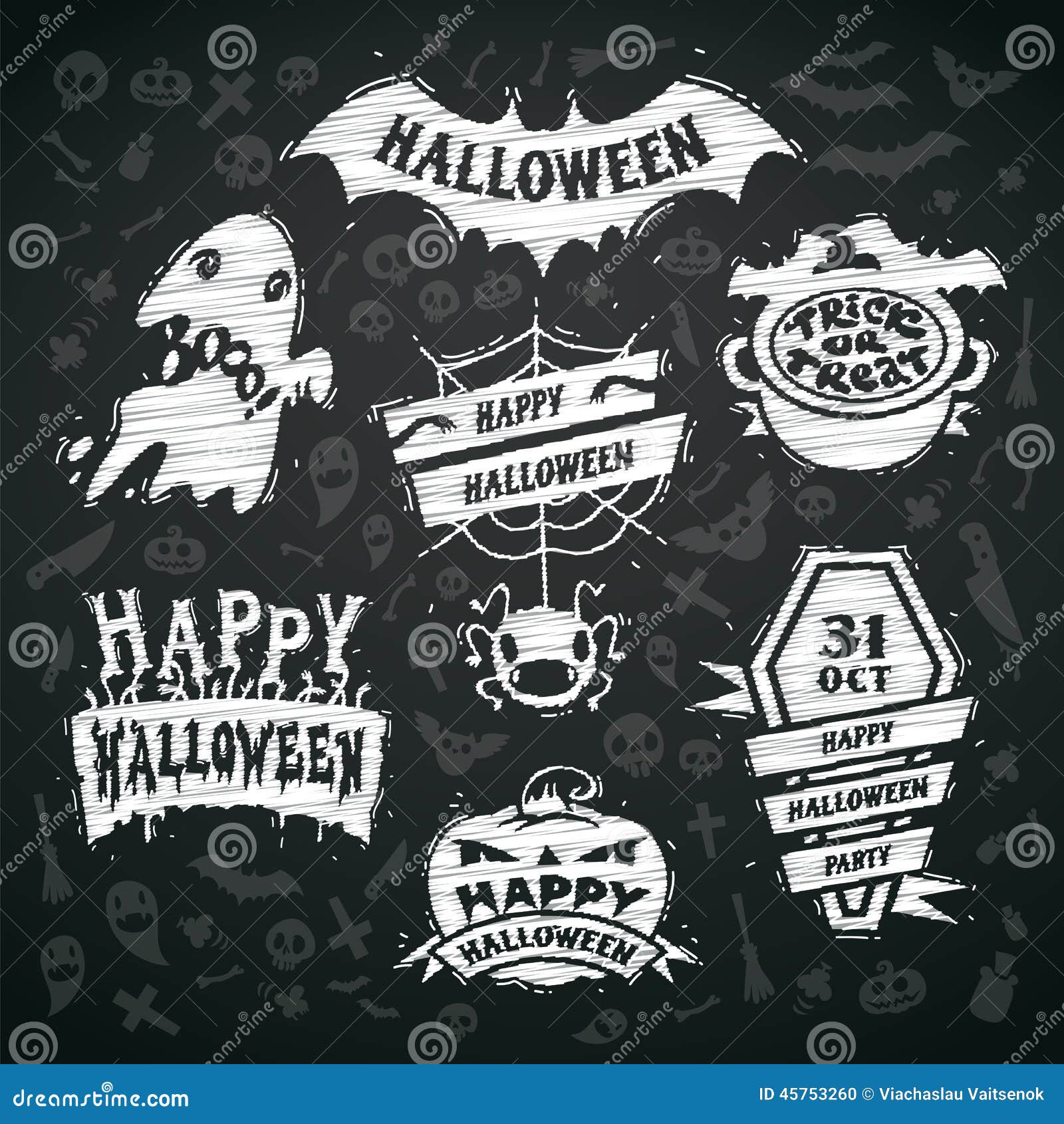 Chalk Vector Halloween Labels on Blackboard Stock Vector - Illustration ...