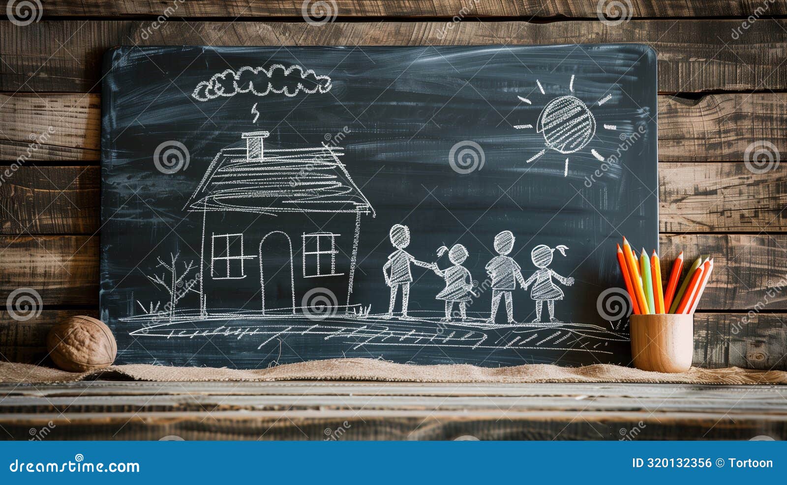 A Chalkboard Drawing of a Family of Four Holding Hands in Front of a ...