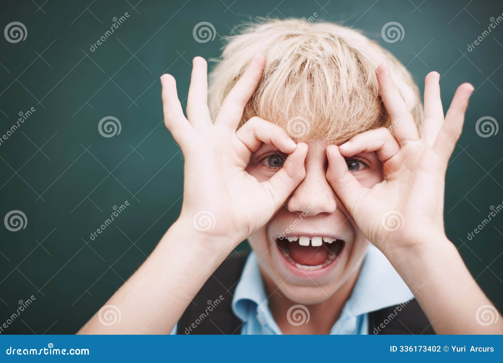 Chalkboard, Finger Glasses and Portrait of Boy in Classroom at School ...