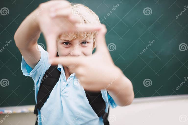 Chalkboard, Fingers Frame and Portrait of Boy in Classroom at School ...