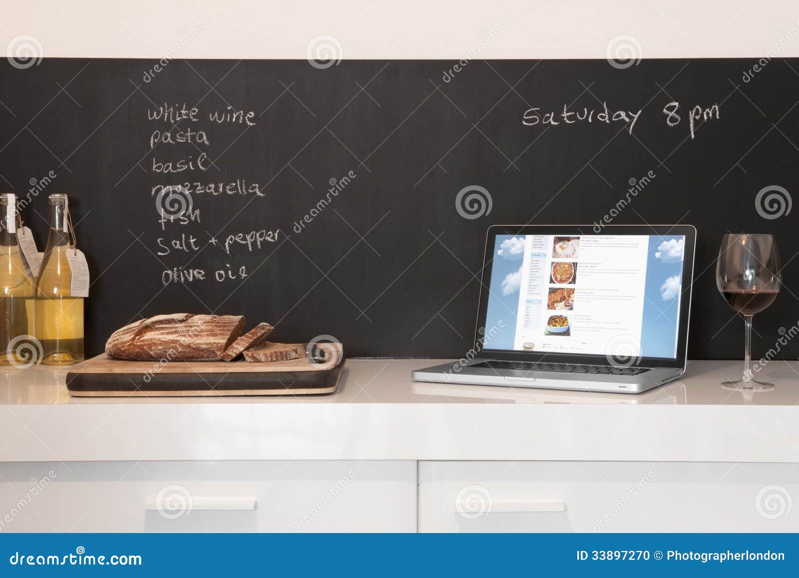 Chalkboard List Cut Bread Laptop Kitchen Worktop Stock Photos - Free ...