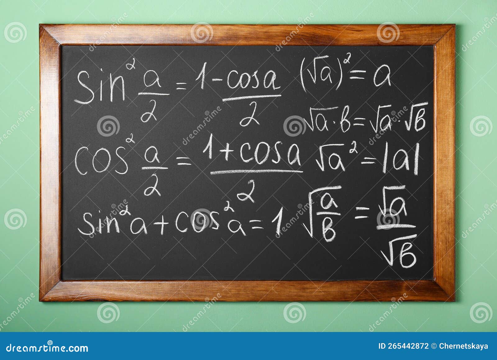 Chalkboard with Many Different Math Formulas on Green Wall Stock Photo ...