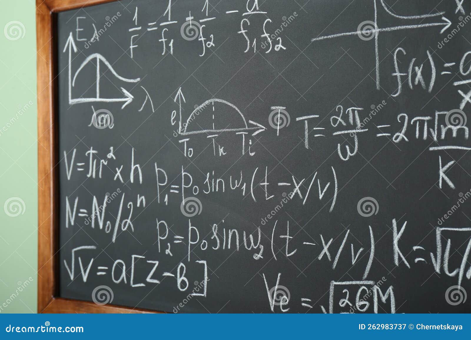 Chalkboard with Many Different Math Formulas on Green Wall, Closeup ...