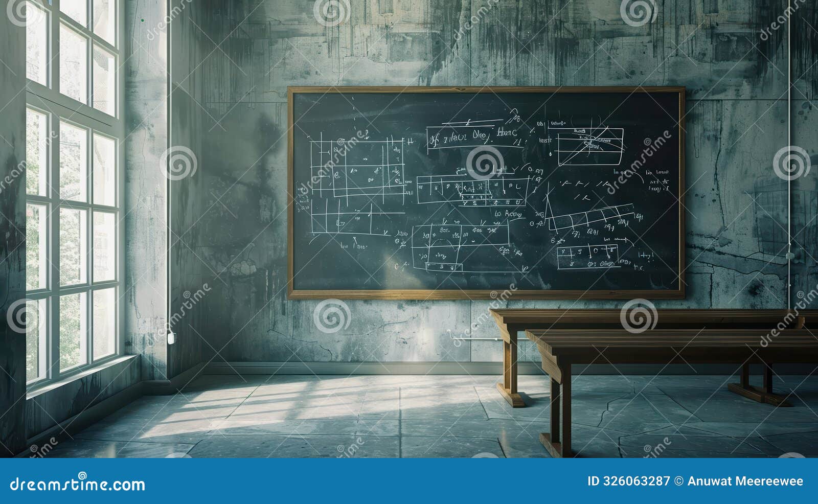 Chalkboard with Math Equations and Diagrams in an Empty Classroom Stock ...