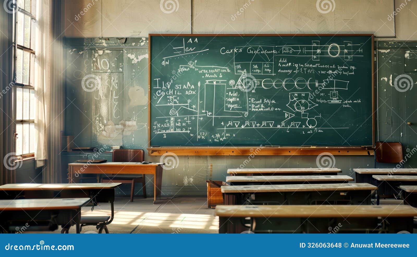 Chalkboard with Math Equations and Diagrams in an Empty Classroom Stock ...