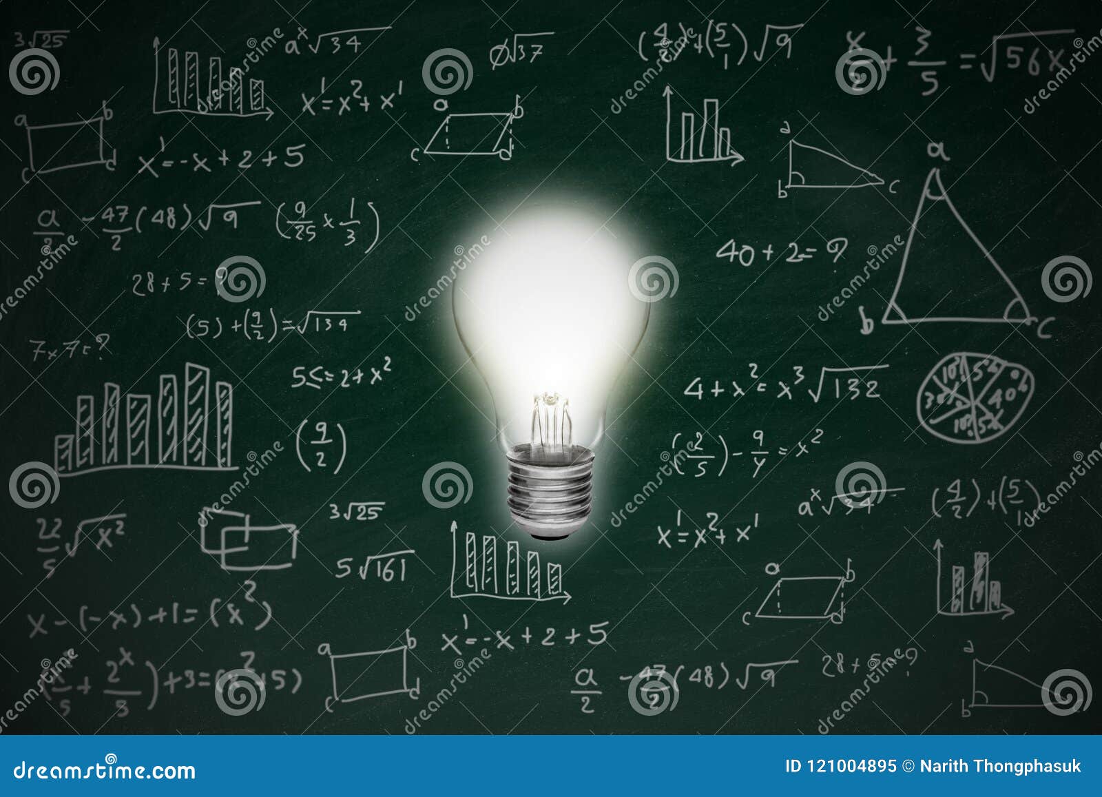 Chalkboard with Math Formula and Idea Concept Bright Glowing Light Bulb ...
