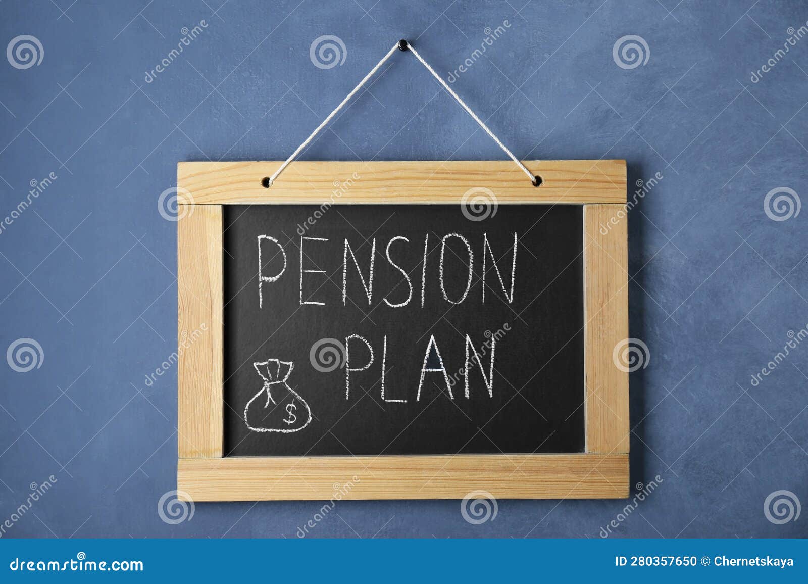 Chalkboard with Phrase Pension Plan Hanging on Blue Wall Stock Photo ...