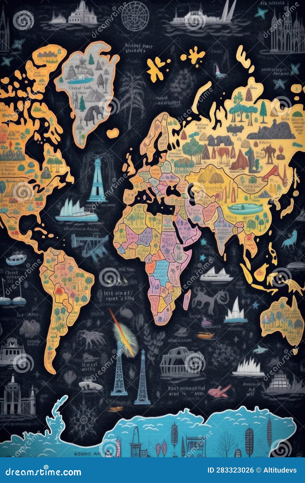 Chalkboard Sketch of World Map with Doodles Stock Photo - Image of ...