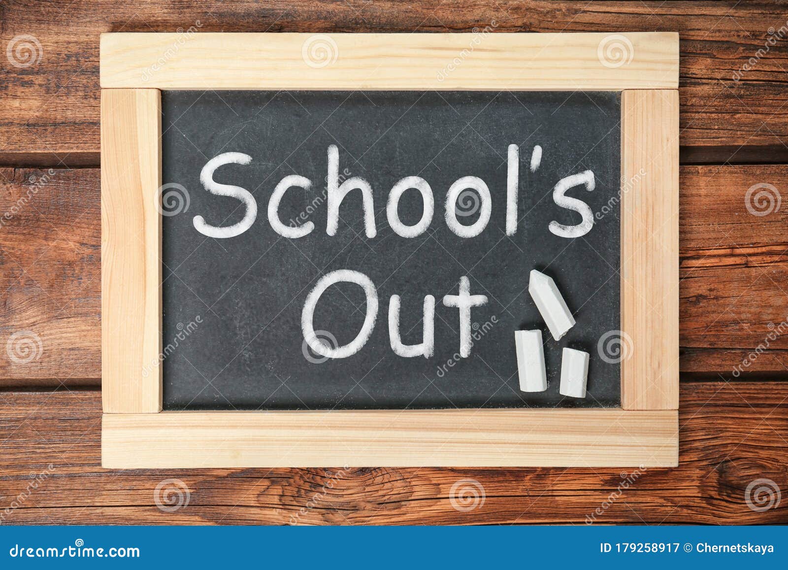 Chalkboard with Text SCHOOL`S OUT on Background, Top View Stock Image ...