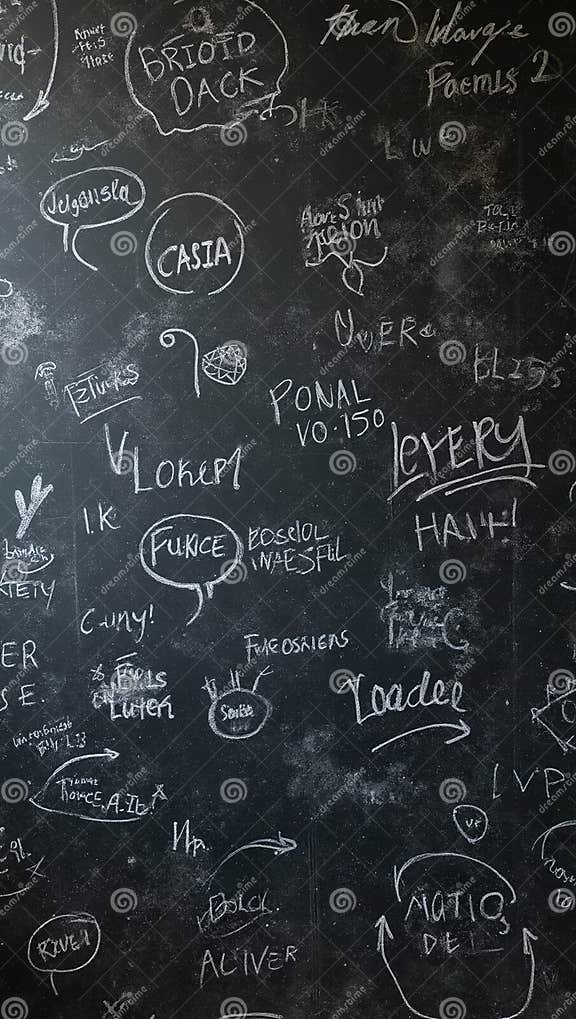 Chalkboard Wall with Handwritten Notes and Doodles in White Chalk Stock ...