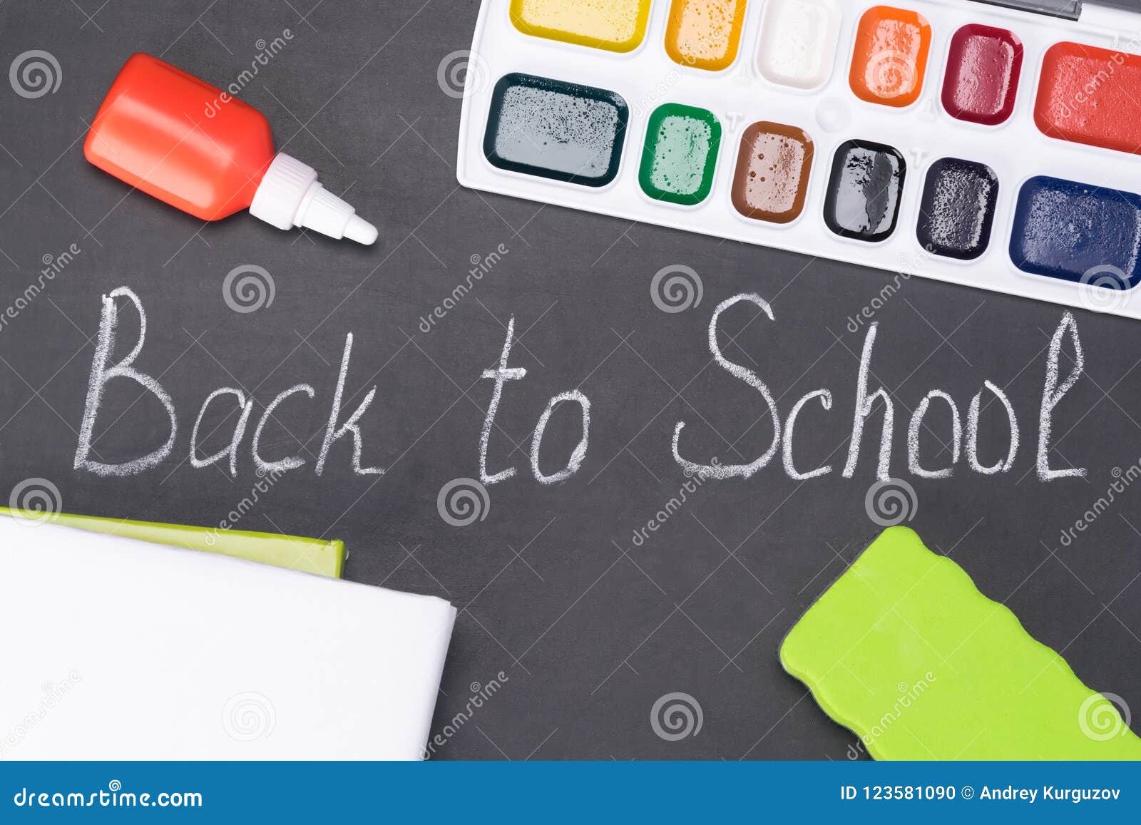 On the Chalkboard Written Back To the School with Chalk and Objects for ...