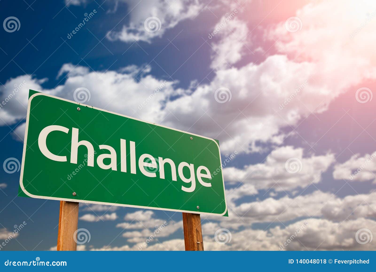 Challenge Green Road Sign Against Sky Stock Photo - Image of message ...