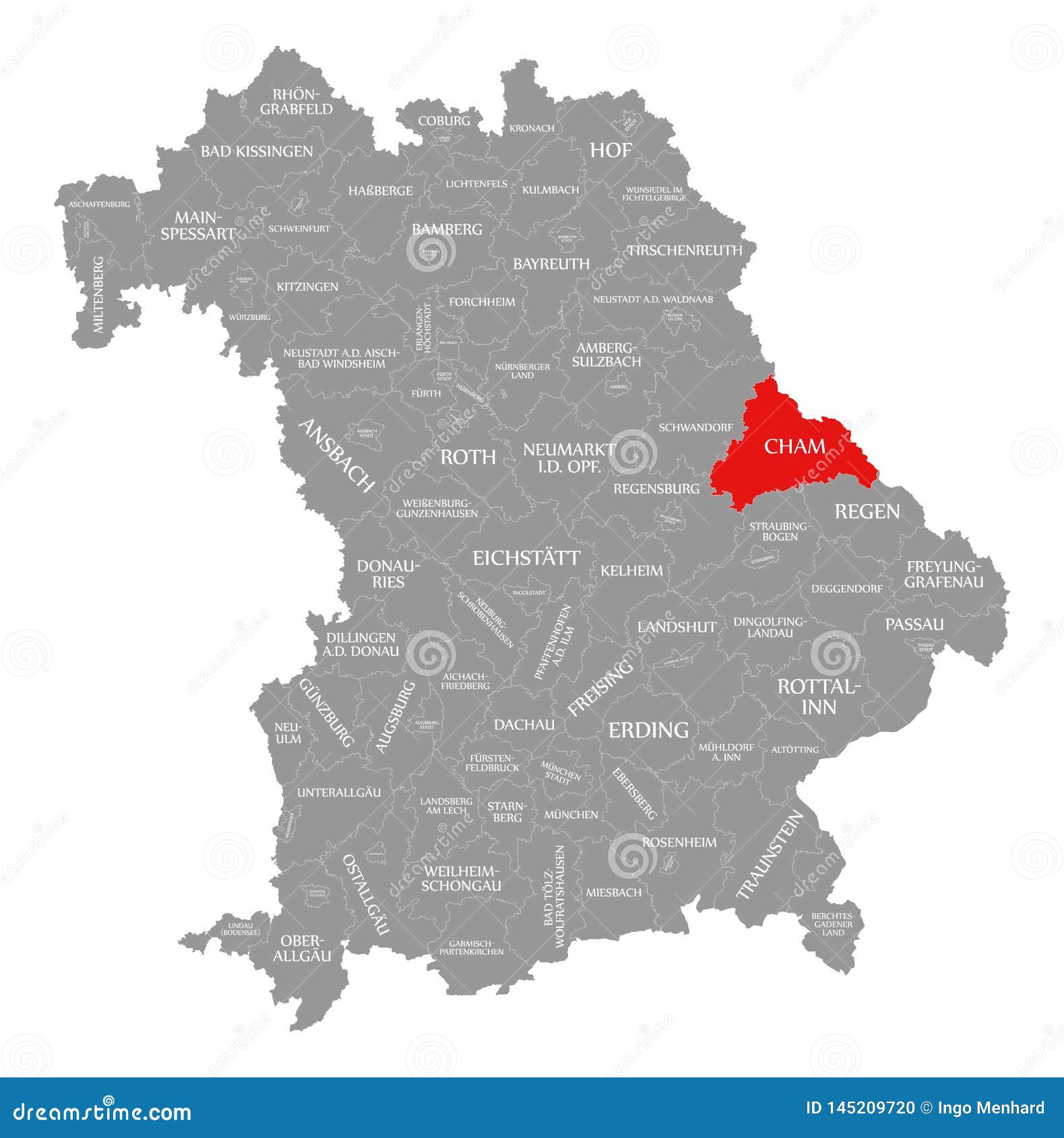 Cham County Red Highlighted in Map of Bavaria Germany Stock ...