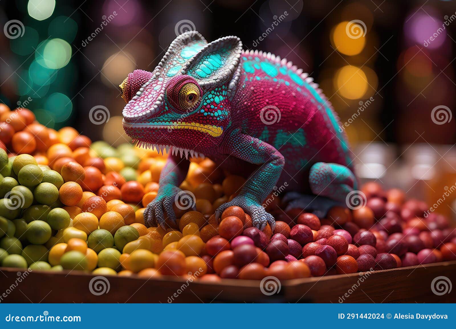 Chameleon on a Background of Multi-colored Dragee Candies. Candy Store ...