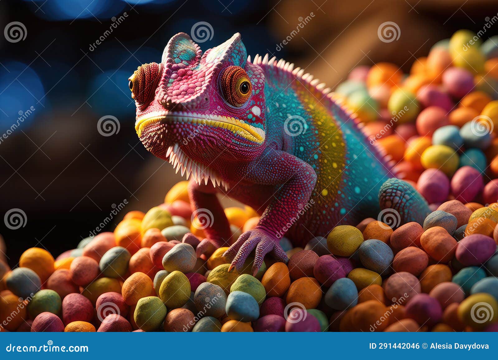 Chameleon on a Background of Multi-colored Dragee Candies. Candy Store ...
