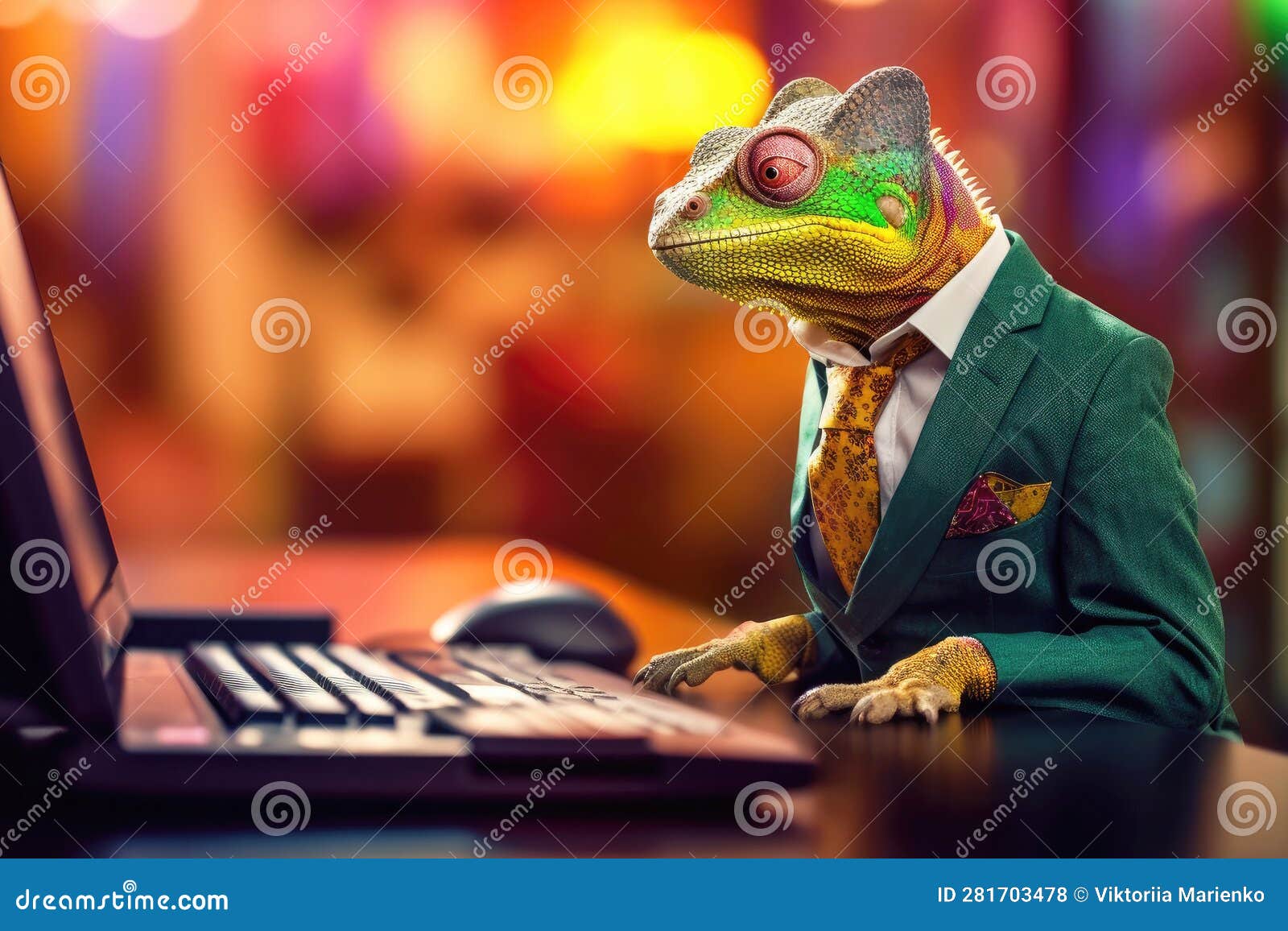 A Chameleon in a Business Suit and Tie Working at a Computer. Corporate ...