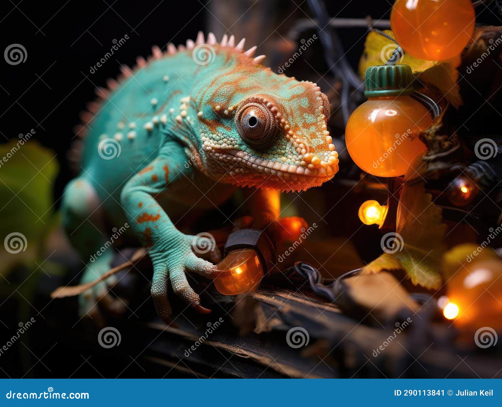 Chameleon Changes Light Bulb on Tiny Ladder Stock Illustration ...