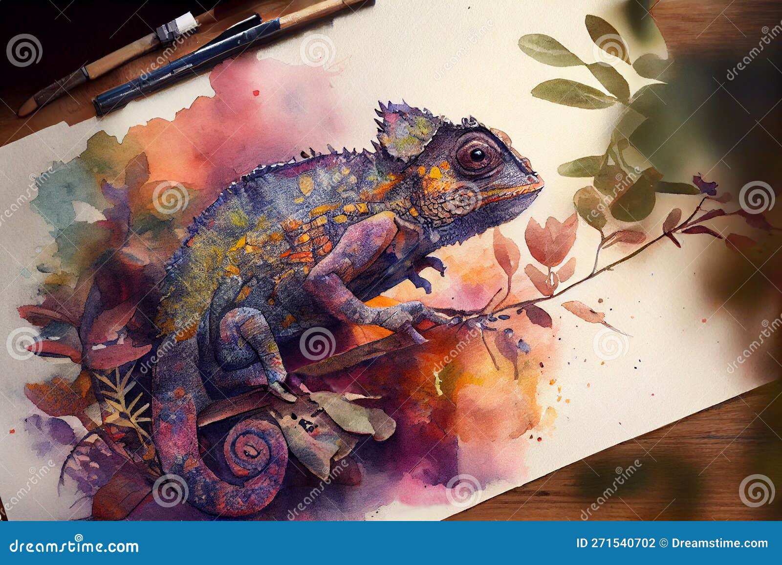 Chameleon Drawing with Bit of Watercolour Stock Illustration ...