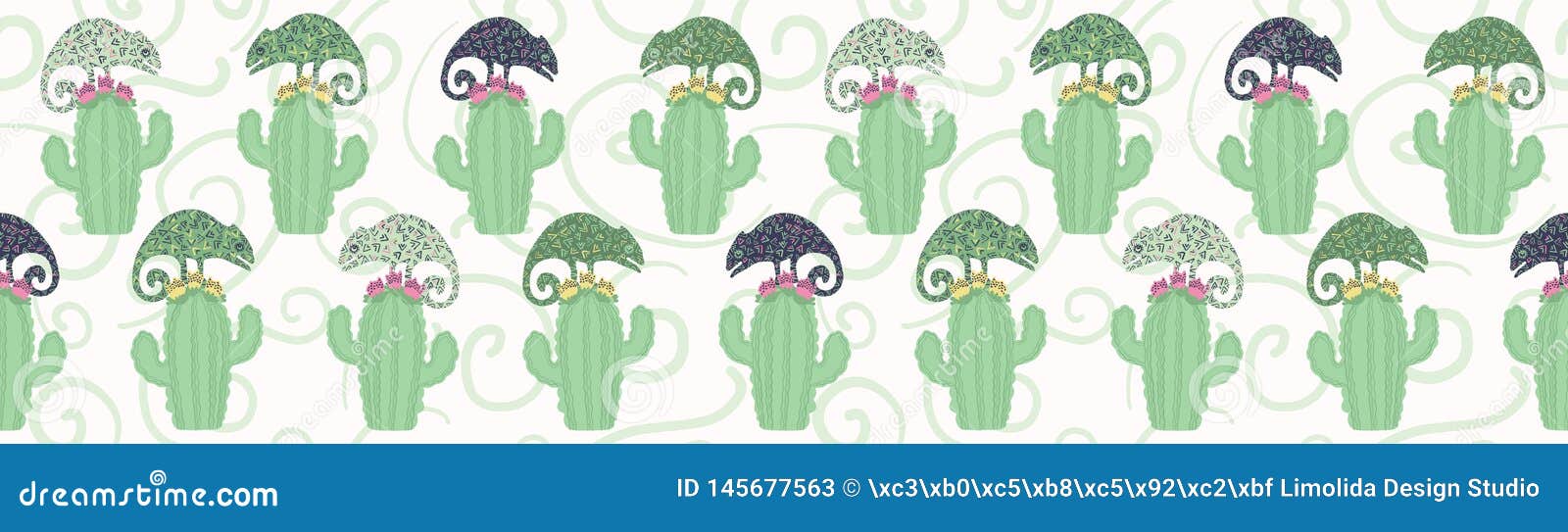 Chameleon Lizard and Cactus Plant Seamless Border Pattern. Green ...
