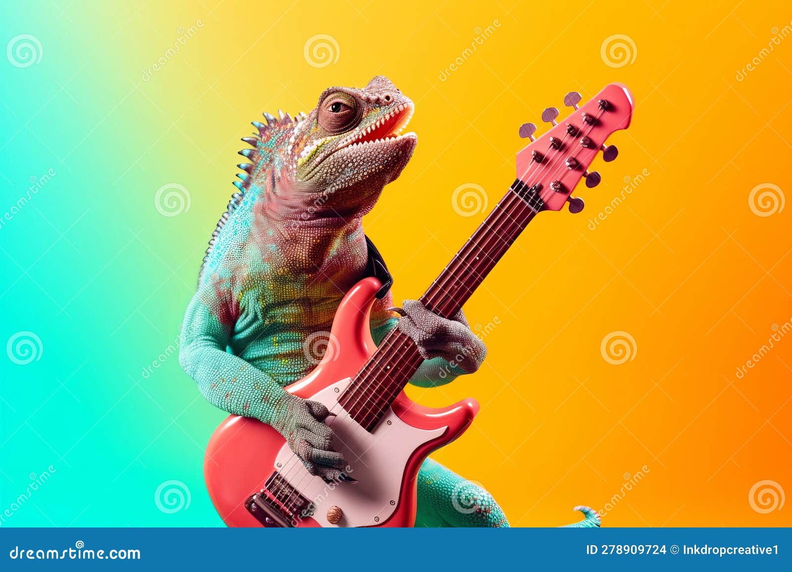 A Chameleon Lizard Musician Playing Guitar in a Band. Generative Ai ...