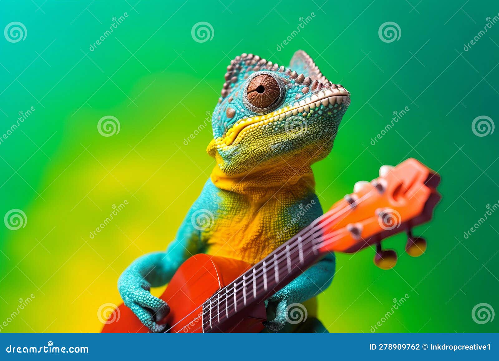 A Chameleon Lizard Musician Playing Guitar in a Band. Generative Ai ...