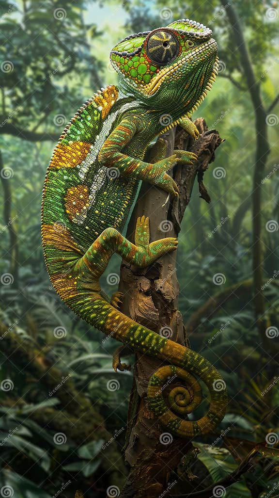 Chameleon Perched on Tree Branch in Tropical Rainforest Stock Photo ...