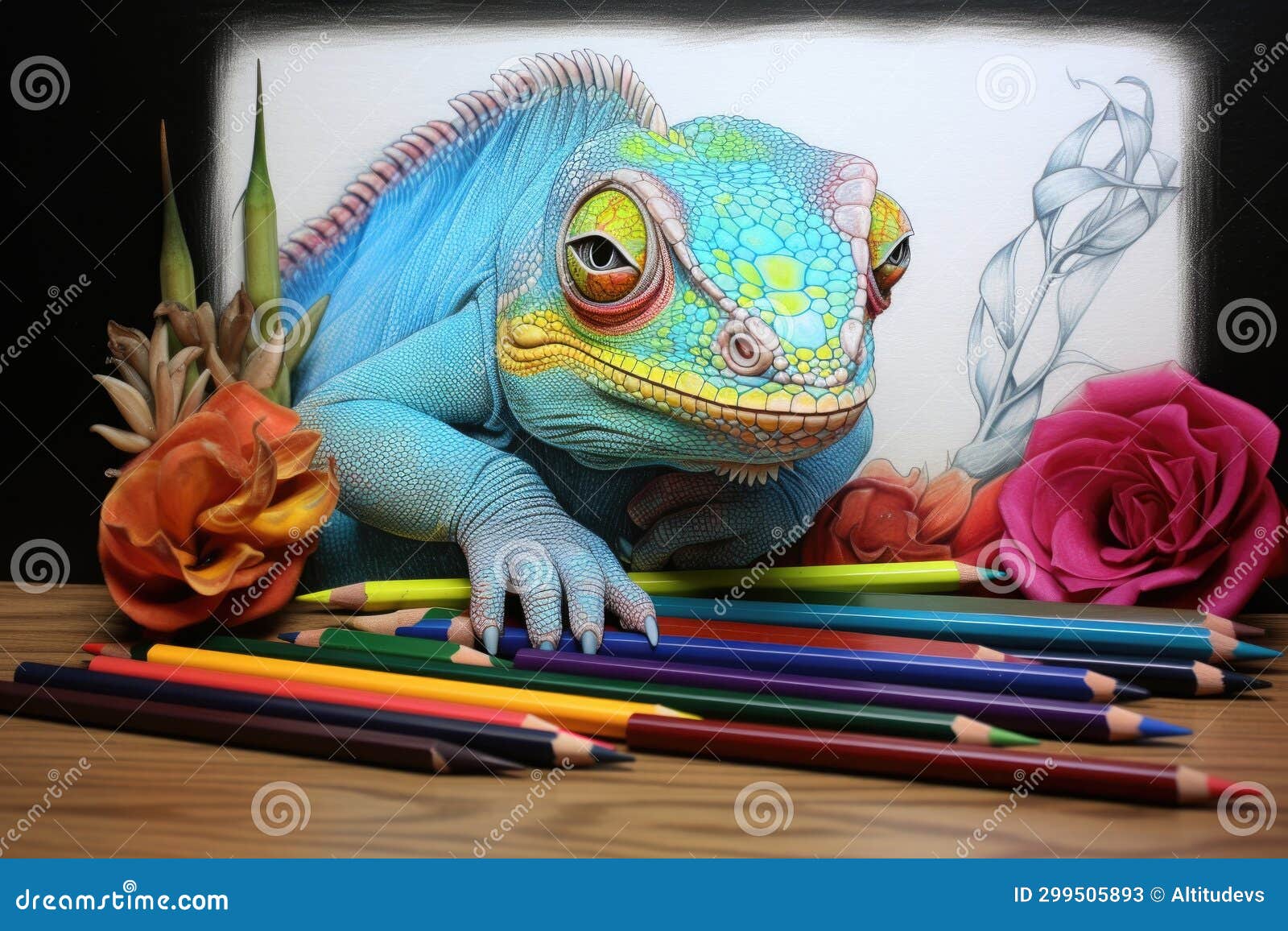 A Chameleon Resting on a Sketchbook with Colored Pencils Around Stock ...