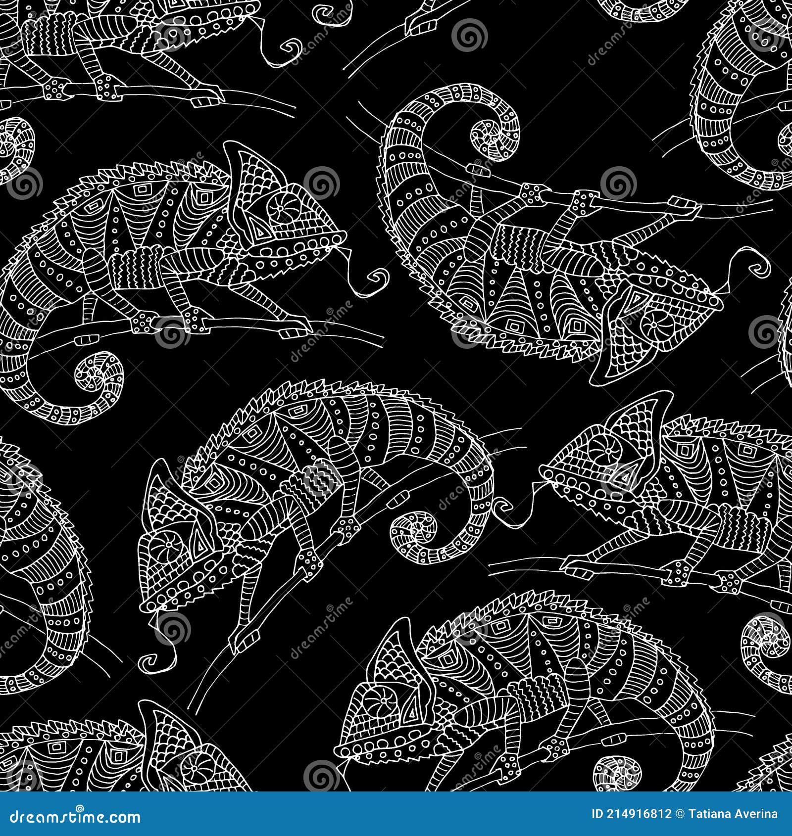 Chameleons, Outline Seamless Pattern, on Black Background. Vector Stock Vector - Illustration of ...
