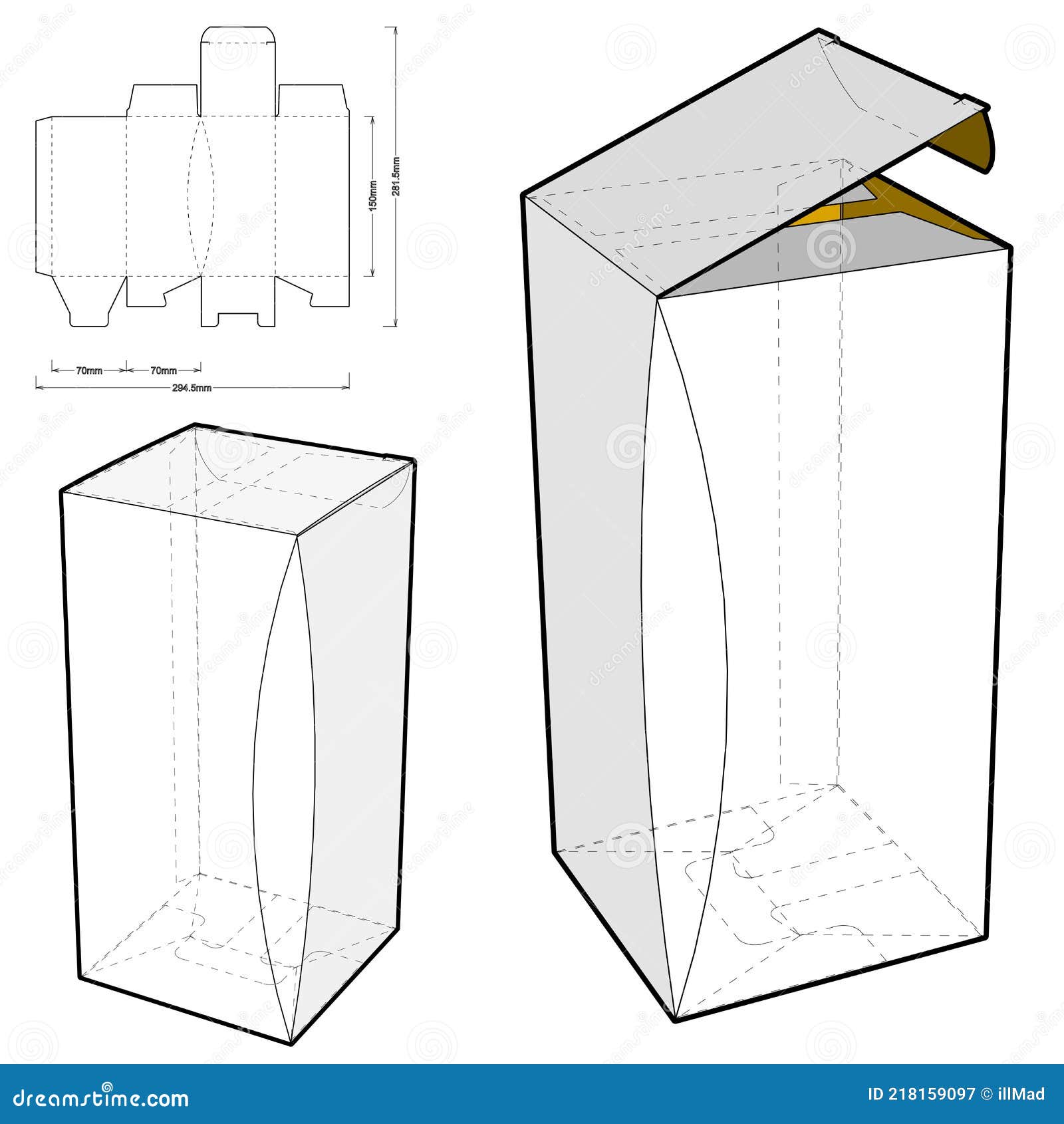 Chamfered Box Internal Measurement 7x7x15 Cm and Die-cut Pattern. Stock ...