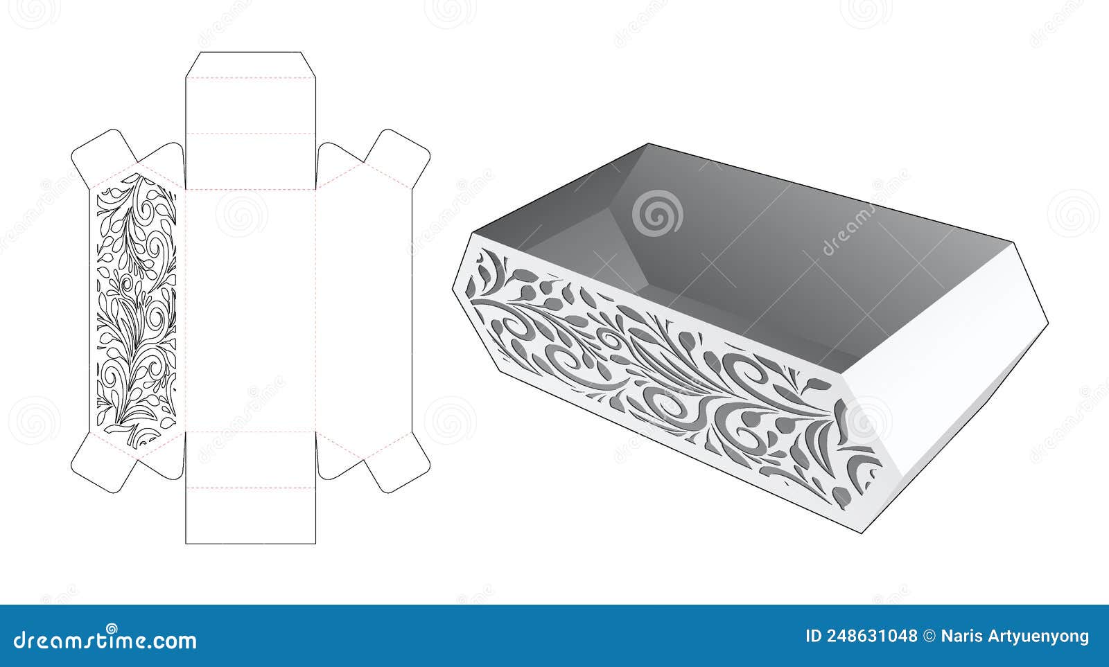 Chamfered Stenciled Pattern Box Die Cut Template and 3D Mockup Stock ...