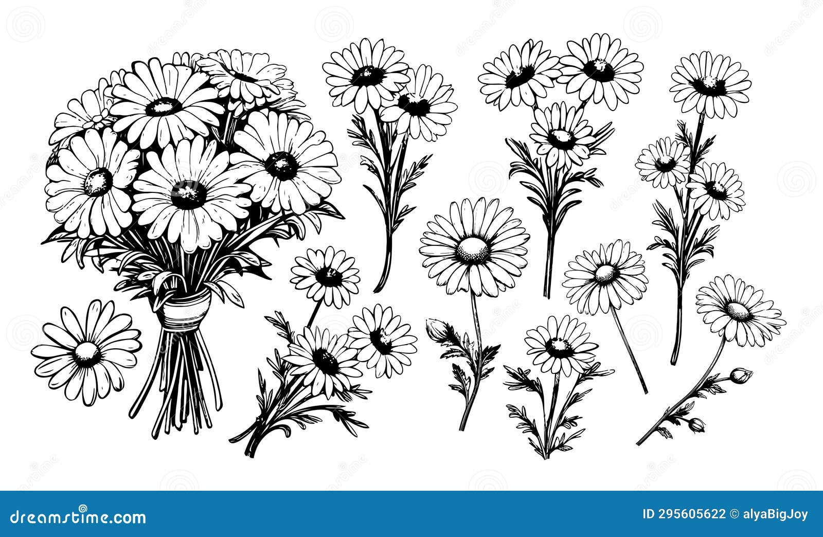Chamomile Hand Drawn Black Paint Vector Set. Stock Illustration ...