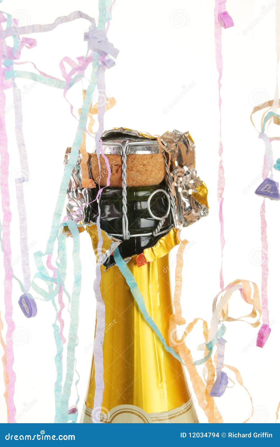 Champagne Bottle and Party Streamers Stock Photo - Image of cork, foil ...