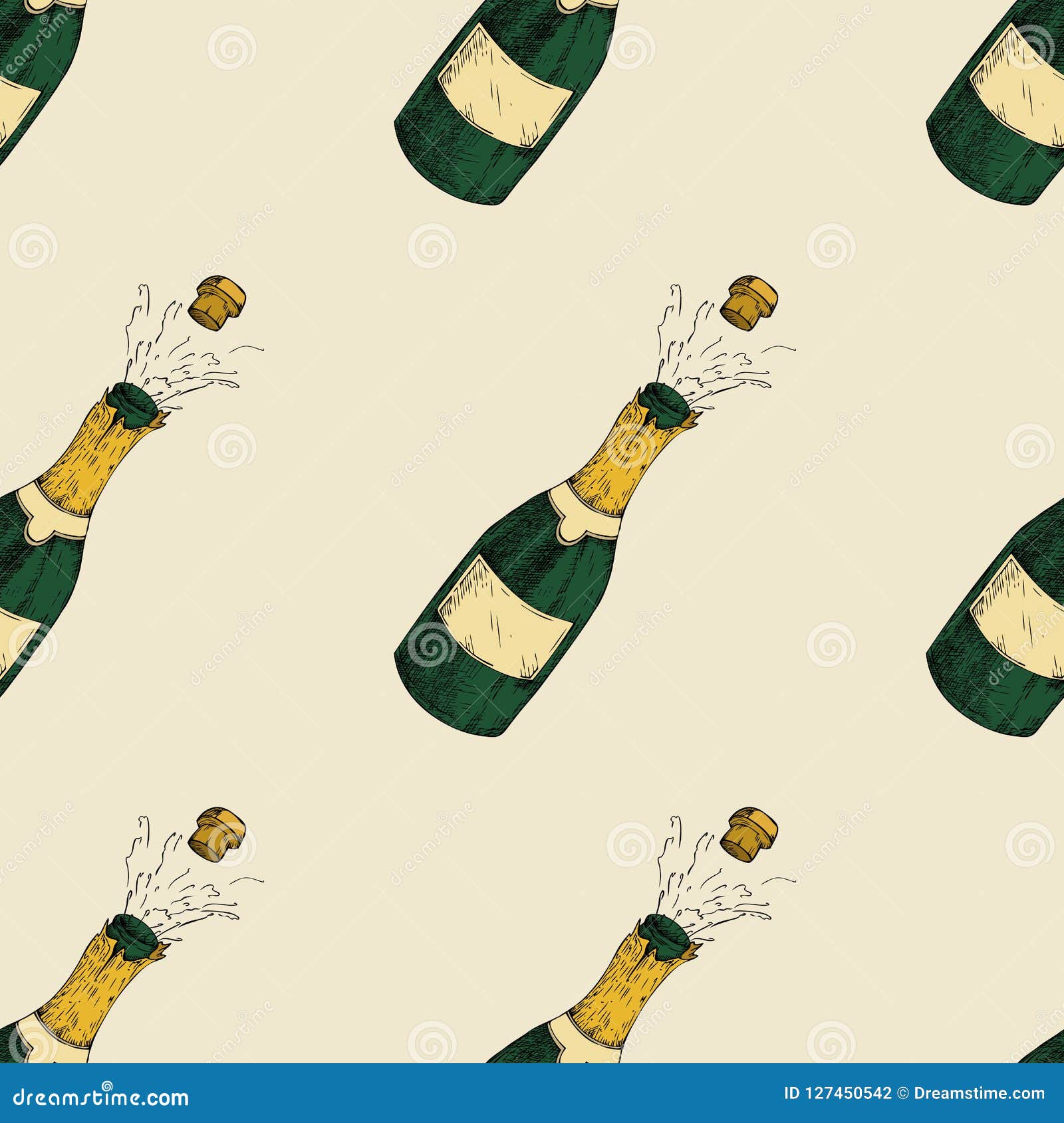 Champagne Bottle Seamless Pattern. Hand Drawn Vector Illustration Stock ...