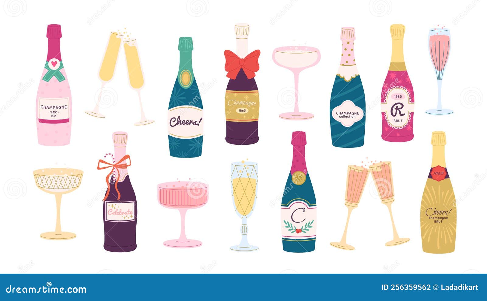 Champagne Bottles Prosecco Sparkling Bottle And Glasses Vintage Flat