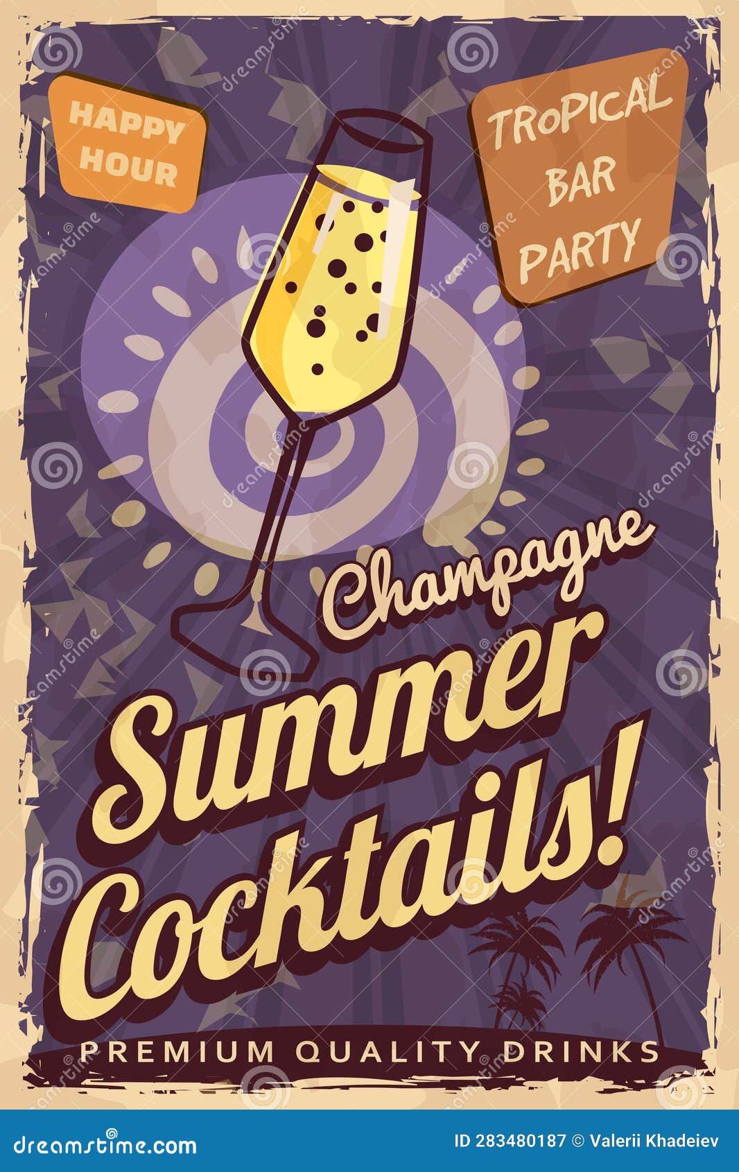 Champagne Cocktail Retro Poster Cocktail Lounge Vintage Sign Stock