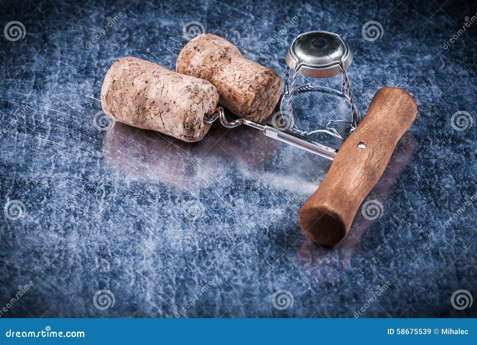 Champagne Corks Metal Twisted Wire Corkscrew on Metallic Background ...