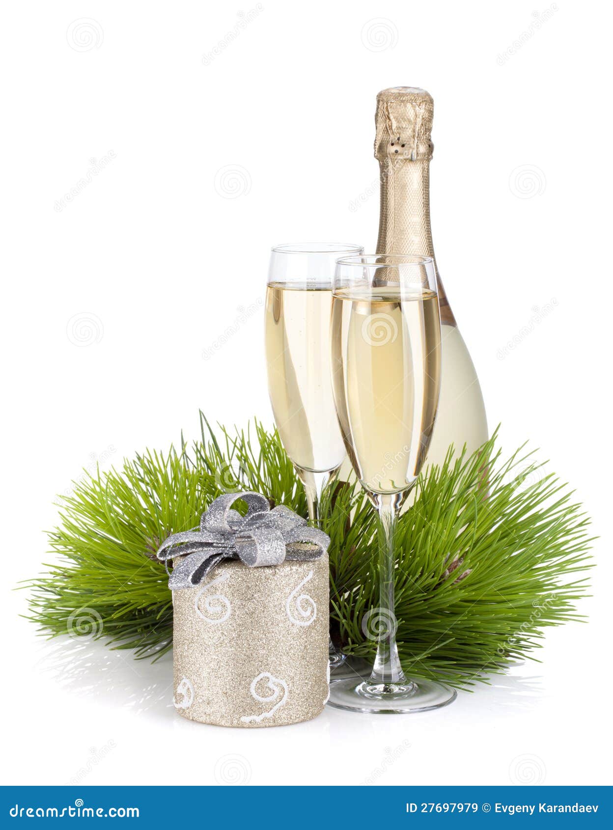 Champagne, Fir Tree And Christmas Decor Stock Image - Image of drink ...