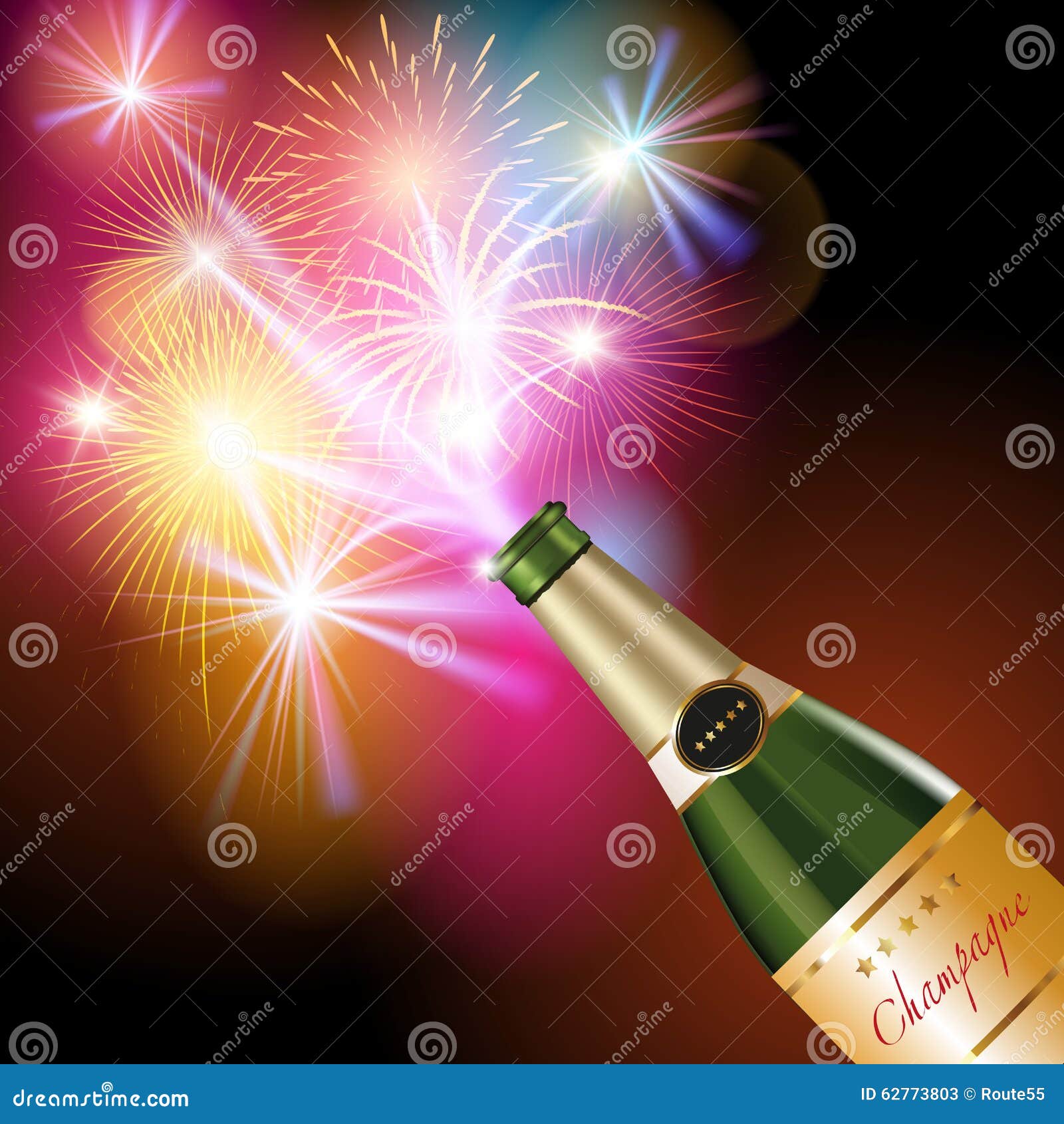 Champagne and fireworks stock vector. Illustration of bottle - 62773803