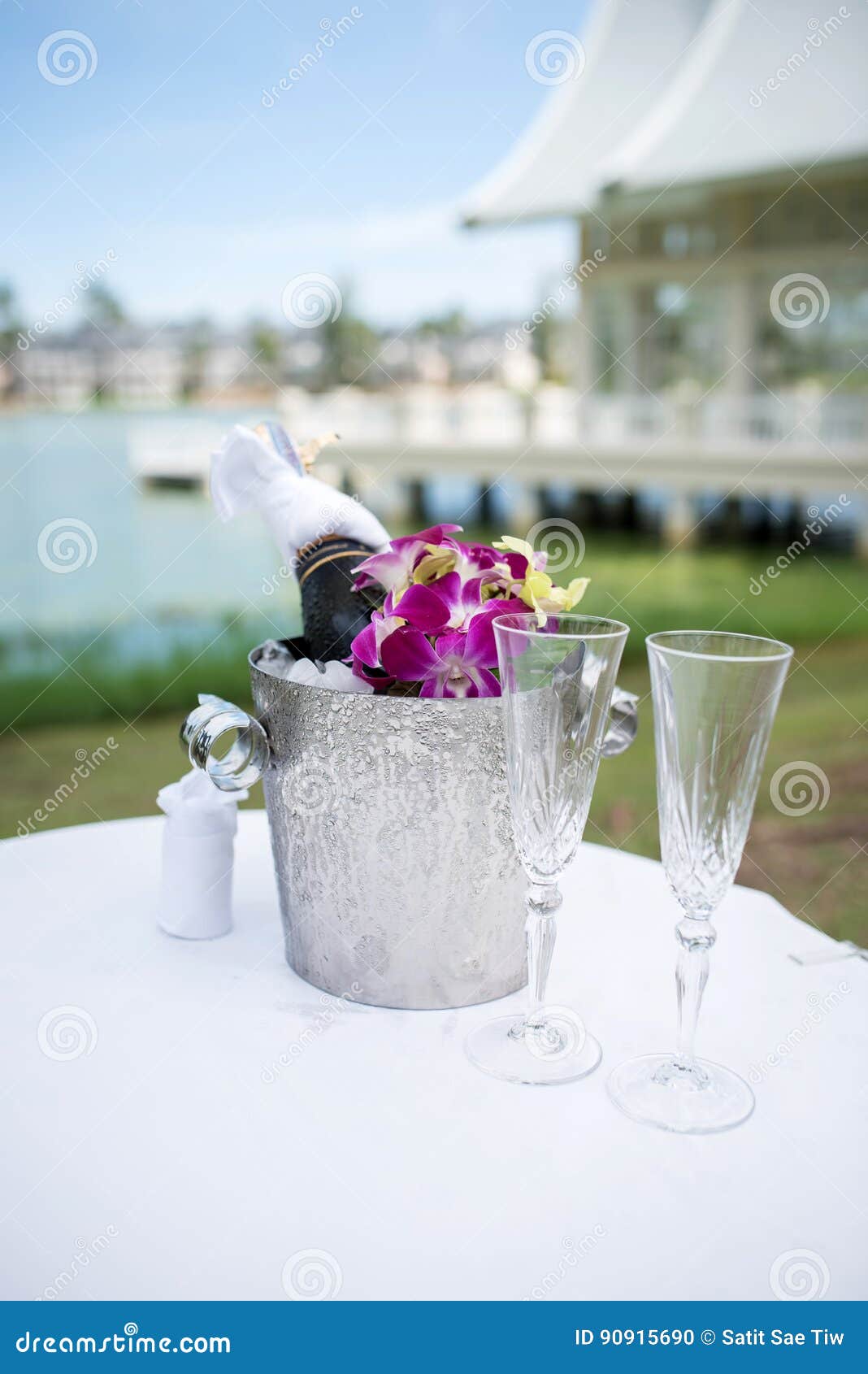 Champagne and a Glass of Champagne on the Table for the Wedding Stock ...