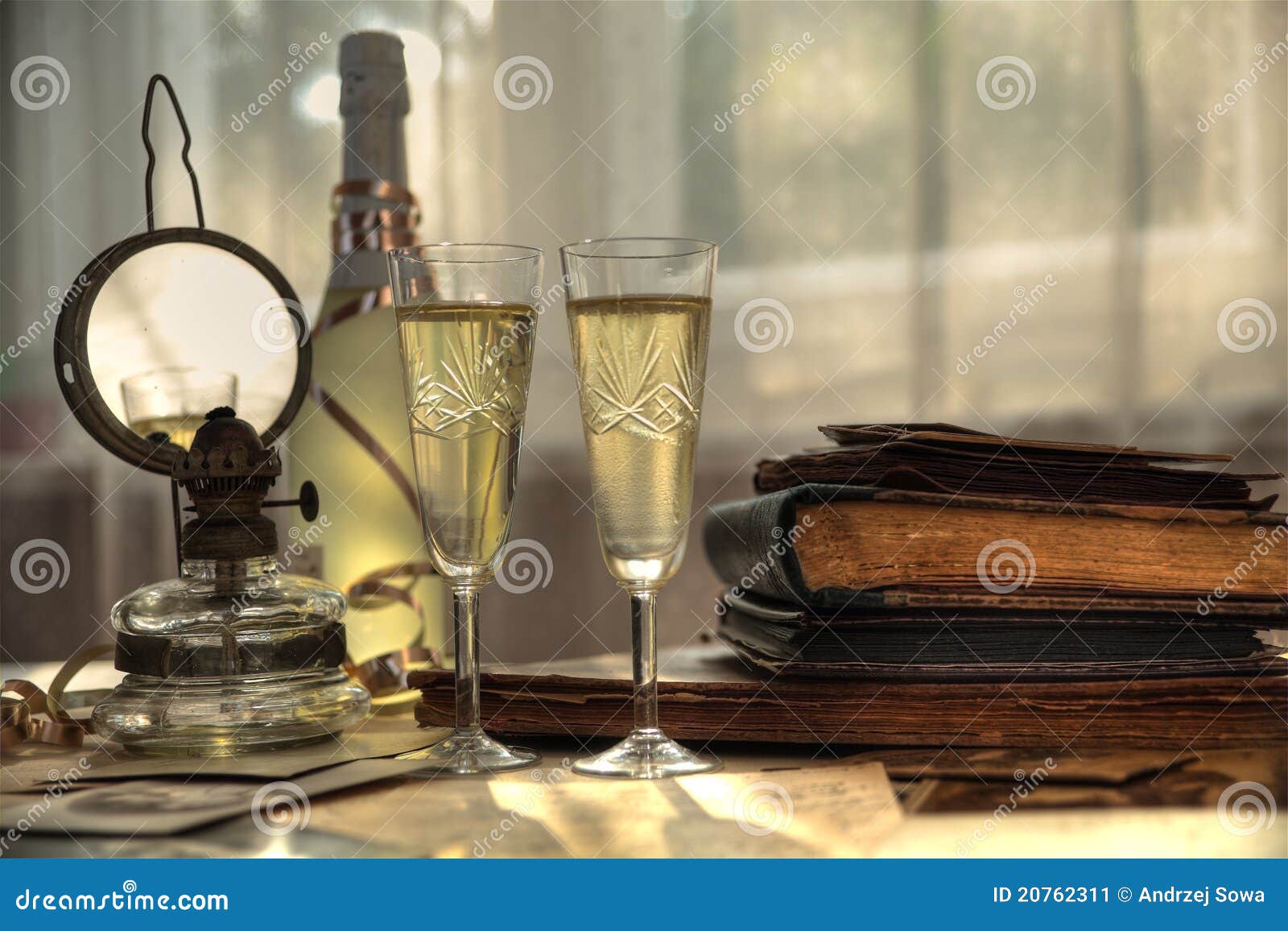 Champagne and old books. stock image. Image of close - 20762311