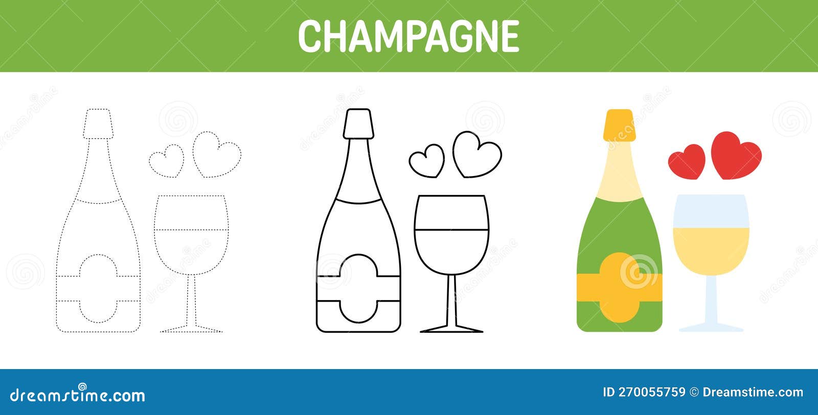 Champagne Tracing and Coloring Worksheet for Kids Stock Vector ...