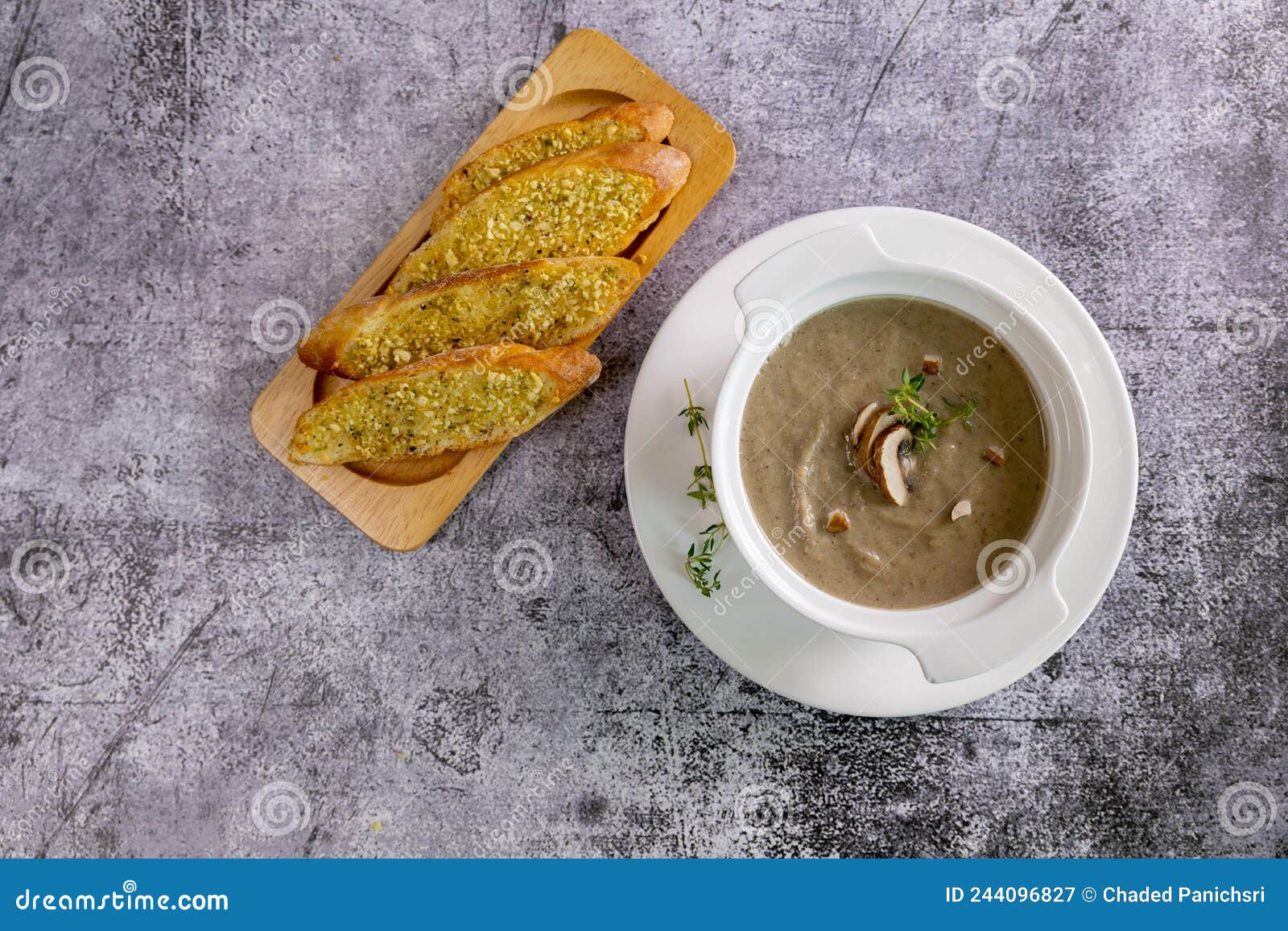 Champignon Mushroom Soup with Garlic Bread Stock Image - Image of ...
