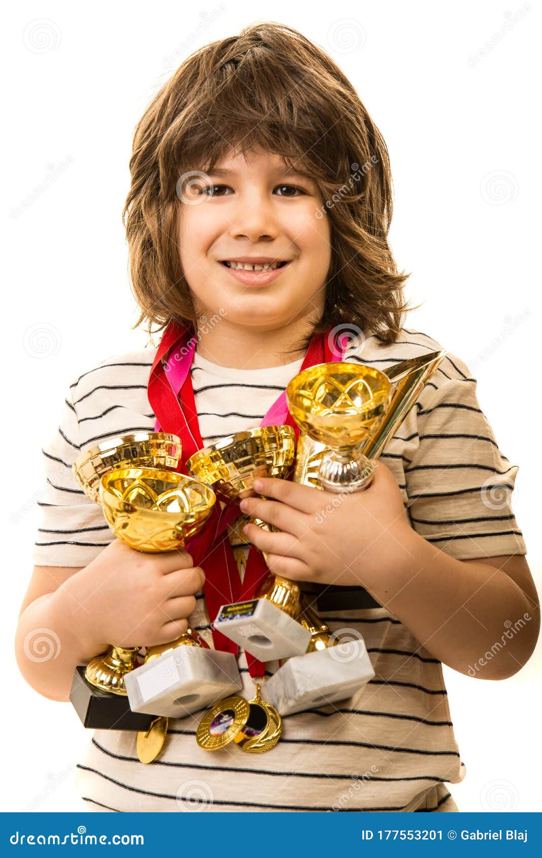 Champion Boy with Many Cups Stock Image - Image of trophy, celebration ...