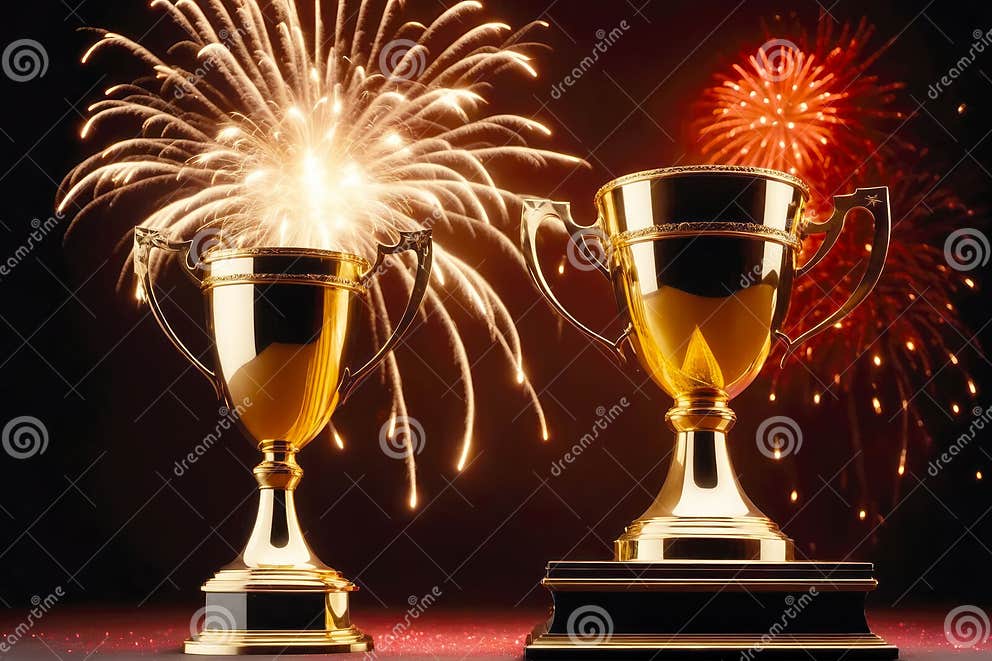 Champion Glory, Trophy and Streamers in Firework Display, AI Generated ...