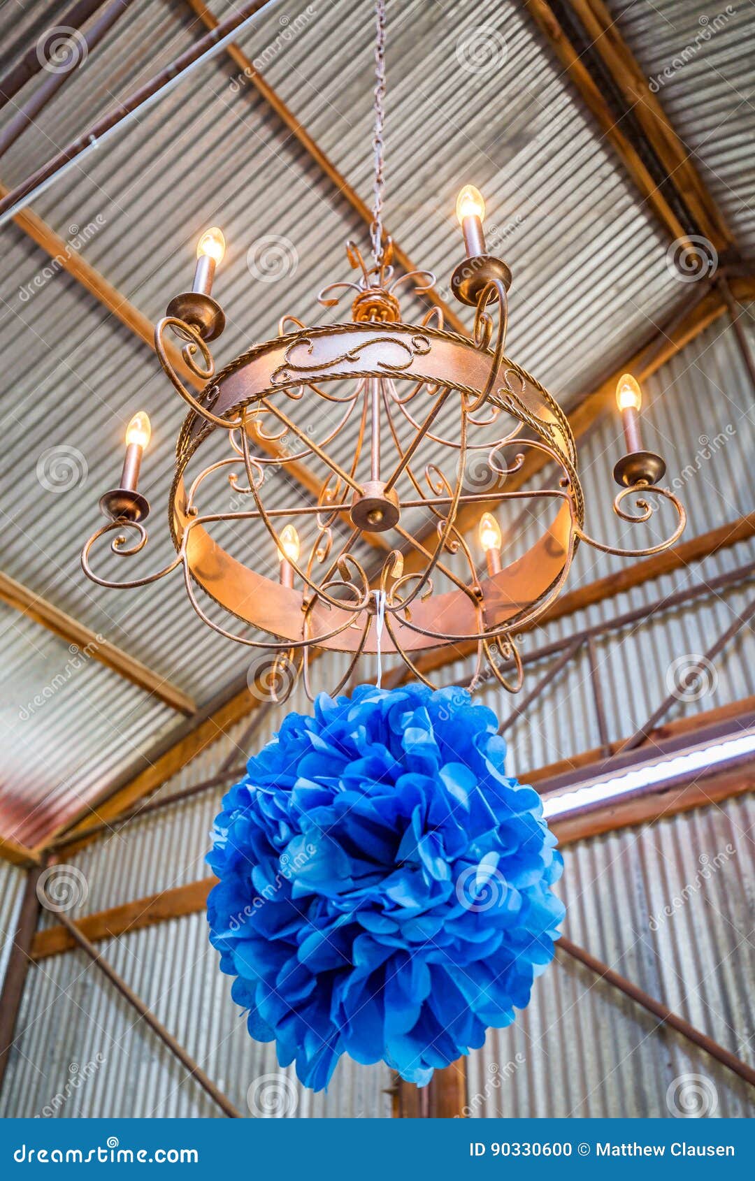 Chandelier with Blue Paper Decorations Stock Photo - Image of arrival ...