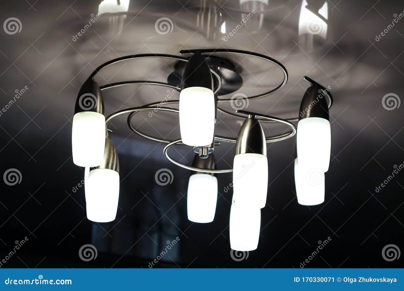 Chandelier with Long Plafonds on a Light Ceiling Stock Image - Image of ...