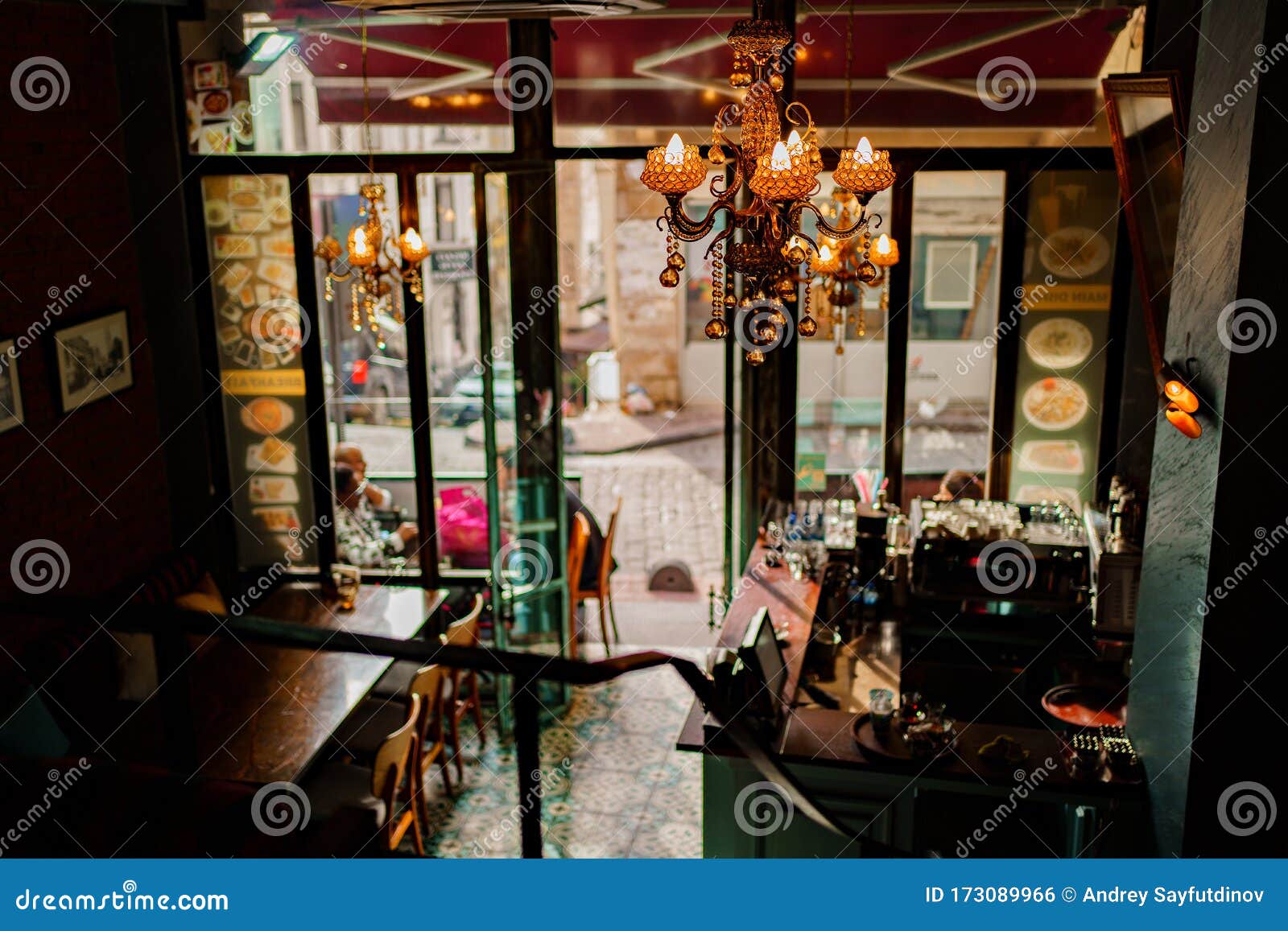 Chandelier. Top View of the Bar in the Cafe Stock Photo - Image of ...