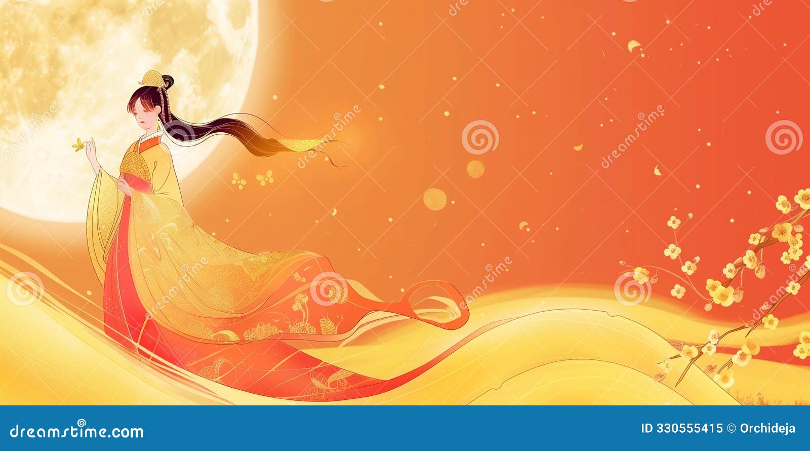 Chang E, the Moon Goddess, Stands on the Moon with a Bright, Yellow ...