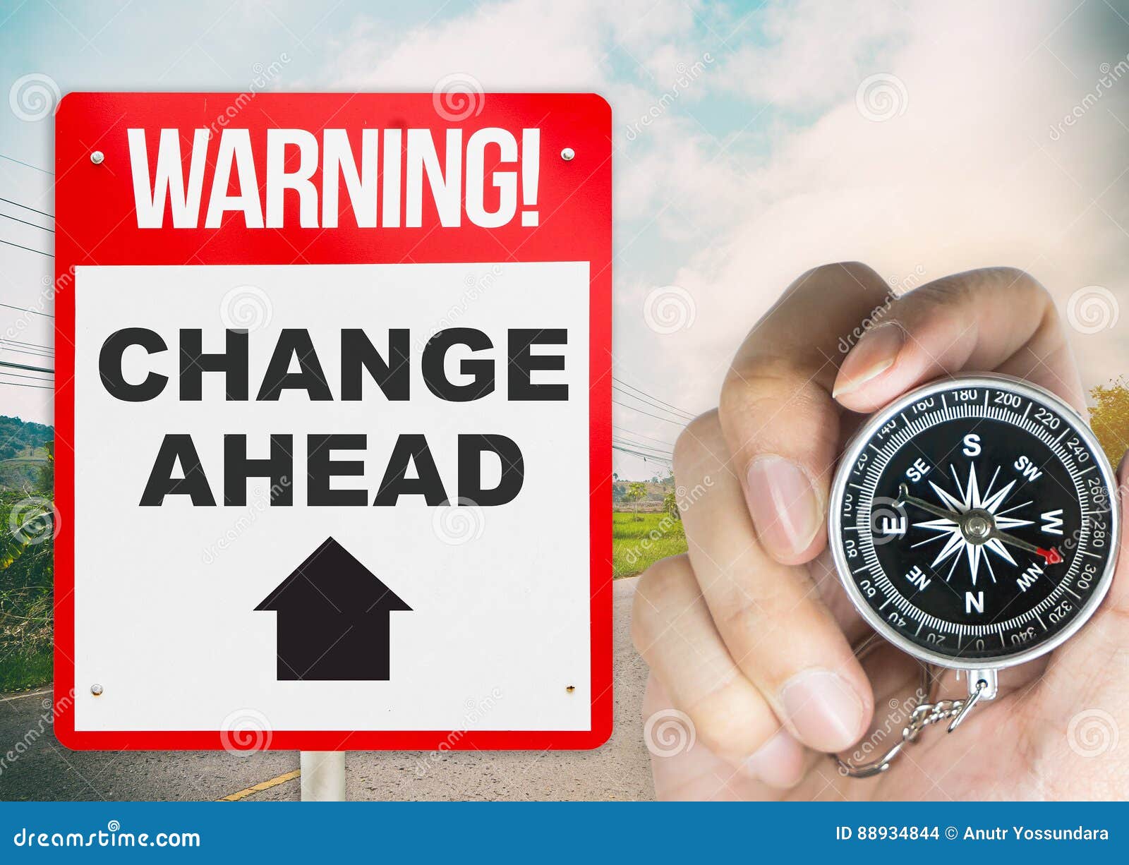 Change Ahead Sign with Compass Stock Photo - Image of road, thinking ...